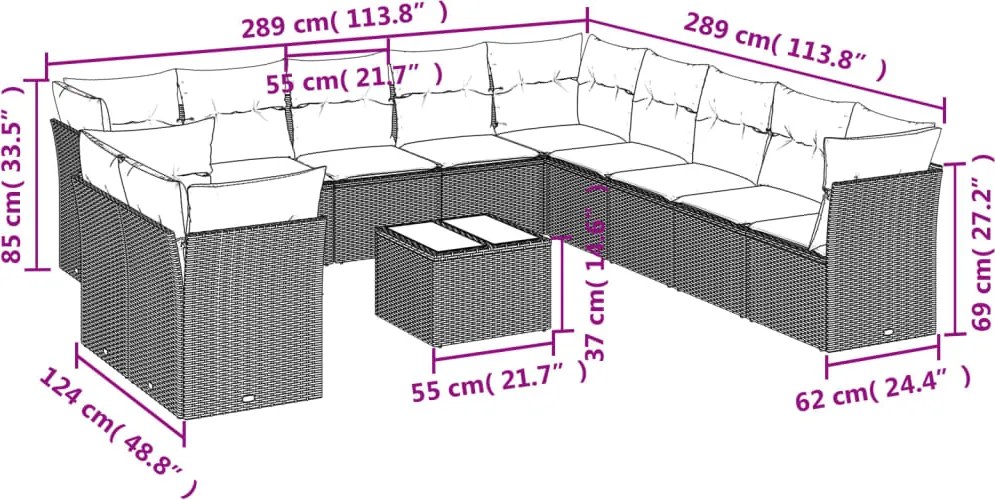 12dílná zahradní sedací souprava s poduškami černá polyratan 3217886