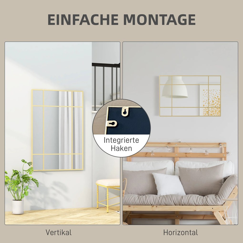 HOMCOM Obdélníkové Nástěnné Zrcadlo 90x60 cm se Zlatým Kovovým Rámem - Dekorativní Zrcadlo do Obývacího Pokoje, Ložnice a Předsíně