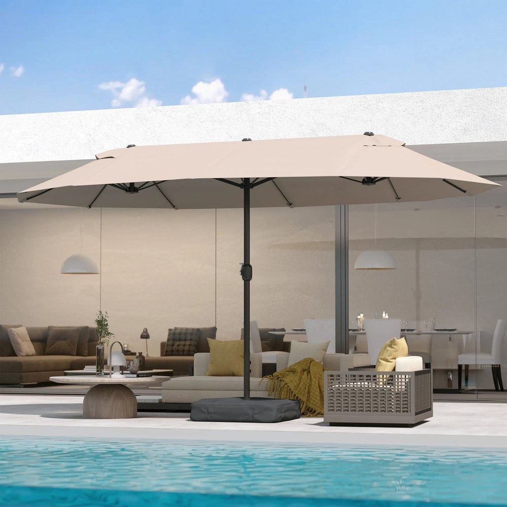 Outsunny Zahradní Parasol Dvojitý Obdélníkový 4,6L x 2,7W x 2,4H m s Kličkou pro Otevírání a Zavírání, S Písky a Základem, pro Balkon a Bazén, Khaki