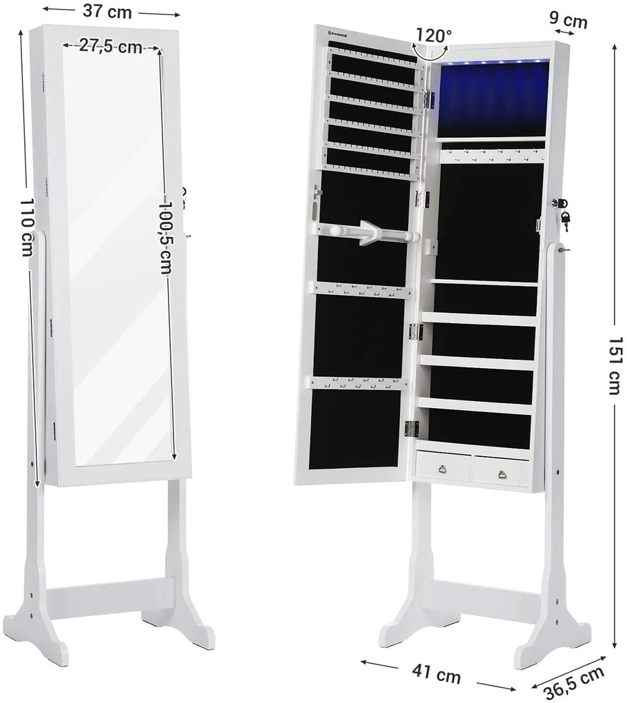 SONGMICS Šperkovnice se zrcadlem volně stojící bílá 41 x 151 cm