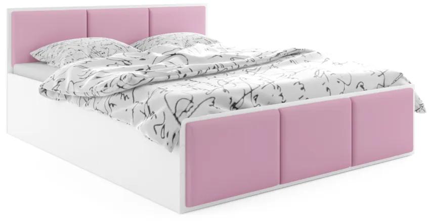 Expedo Čalouněná postel SANTOS, 160x200, bílá/trinity 19 - růžová + kovový rošt + matrace