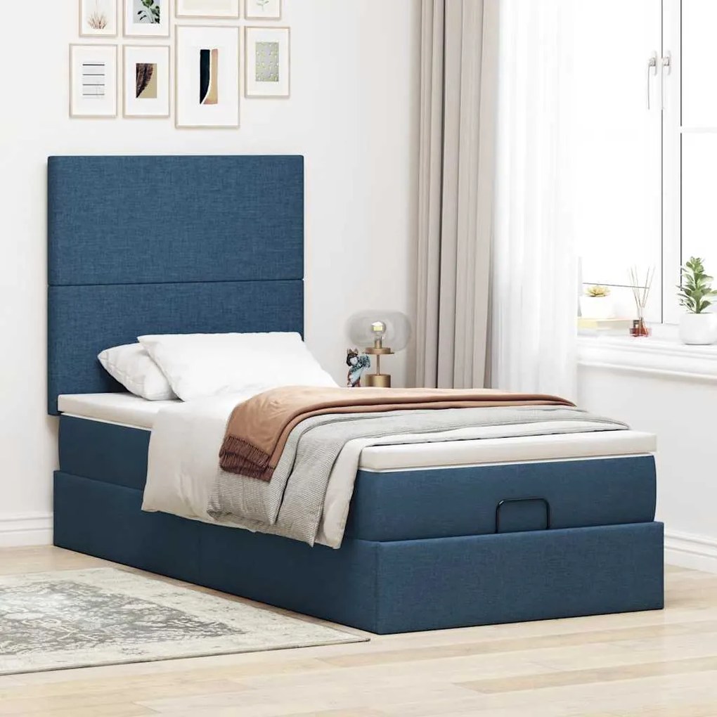 Osmanská postel s matrací & LED modrá 100x200 cm látka 3313905