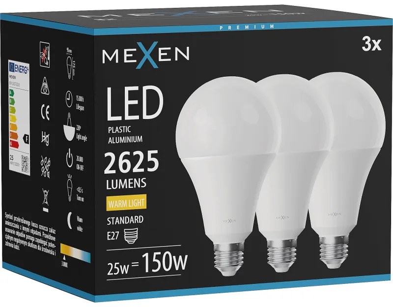 Mexen Nova 3x LED žárovka E27, A95, 25W, Teplá - 3000K, 2625 lm - L100-E27-2530-01x03
