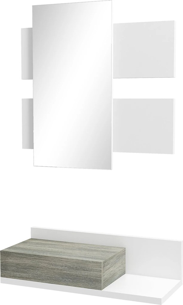 HOMCOM Sada nábytku do vstupní haly s zrcadlem a zásuvkou, moderní styl 75x3,5x75 cm a 75x30,5x20 cm, bílá a šedá