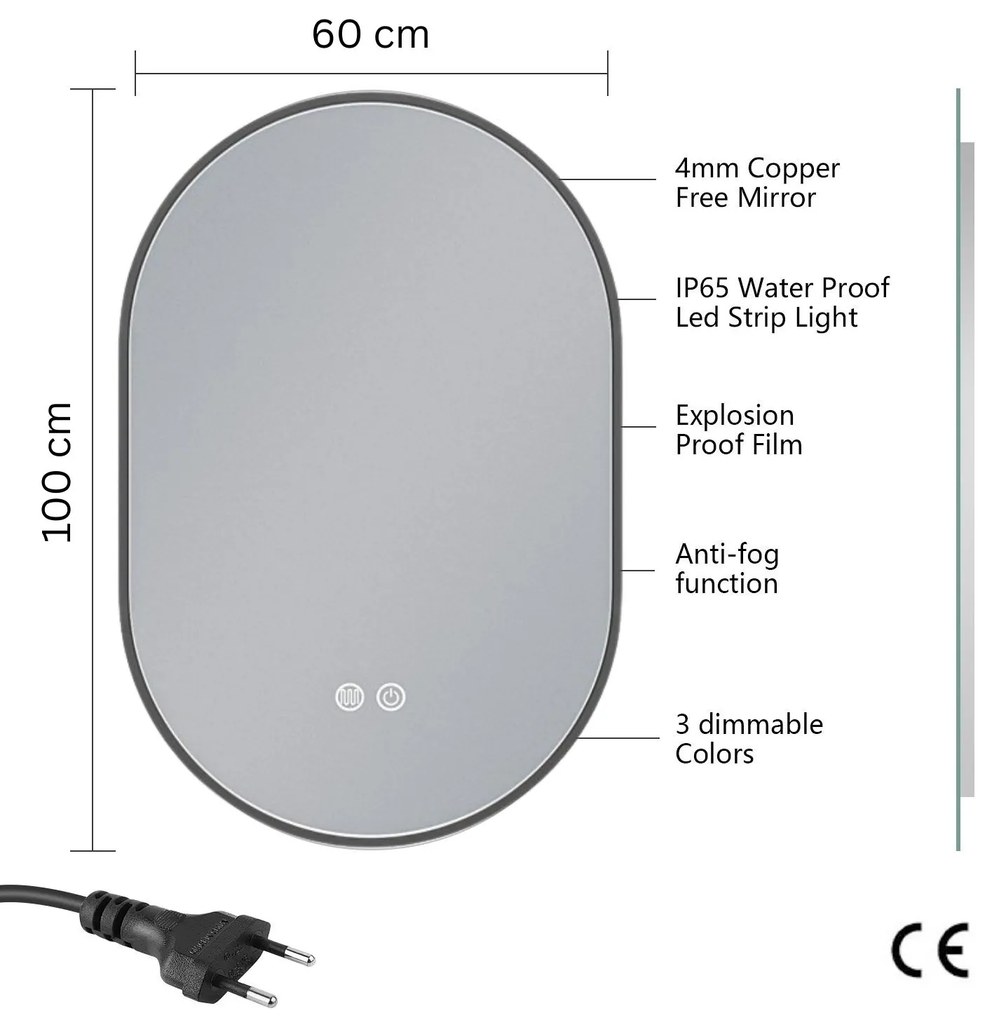 Erga Freya, oválné LED zrcadlo 60x100cm v černém kovovém rámu, 3 barvy světla, zadní osvětlení, vyhřívací podložka proti zapaření, ERG-V01-FREYA-6010-BK