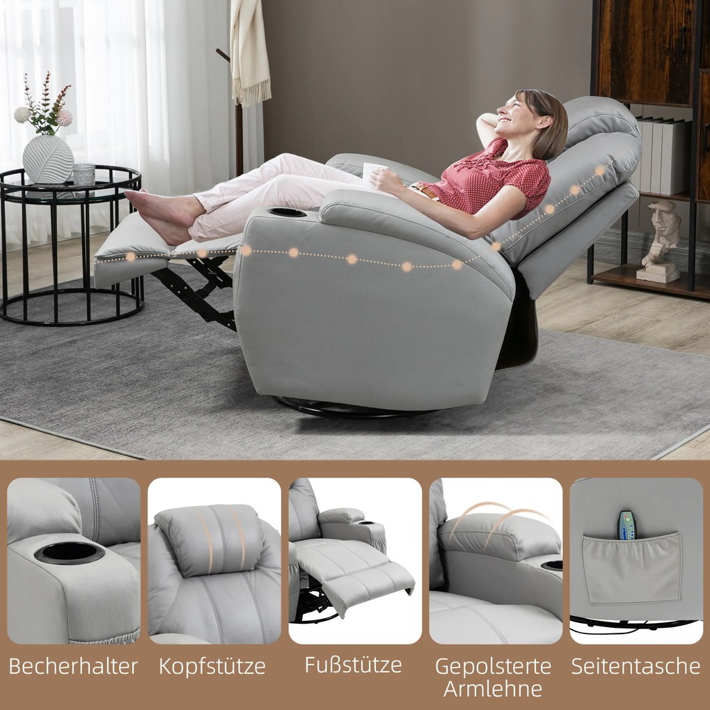 Masážní křeslo HOMCOM Relaxační křeslo s 8 vibračními body, 5 režimů, funkce polohování, nosnost 150 kg, imitace kůže, světle šedá