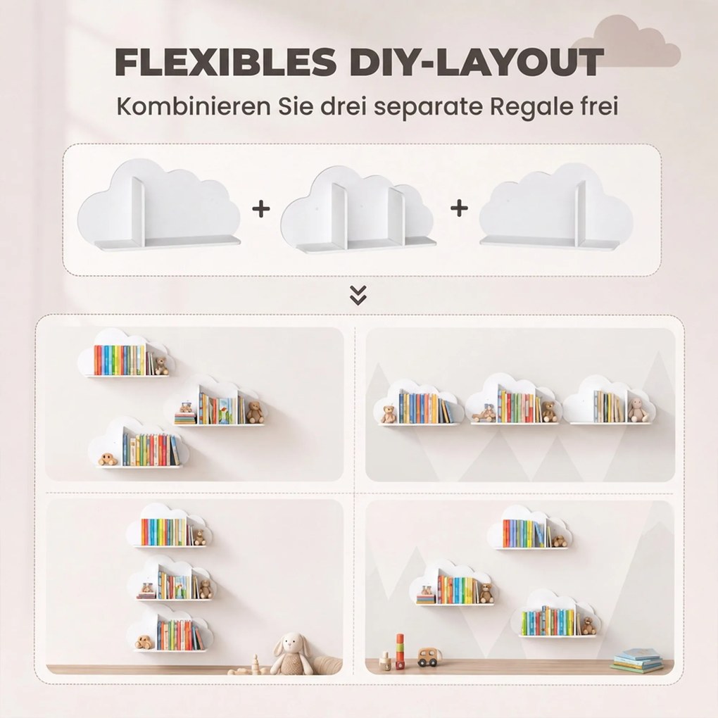 AIYAPLAY sada 3 nástěnných dětských regálů 60 cm, dětský knihovník ve tvaru oblaku, plovoucí knihovník Montessori pro 3–8 let, bílý