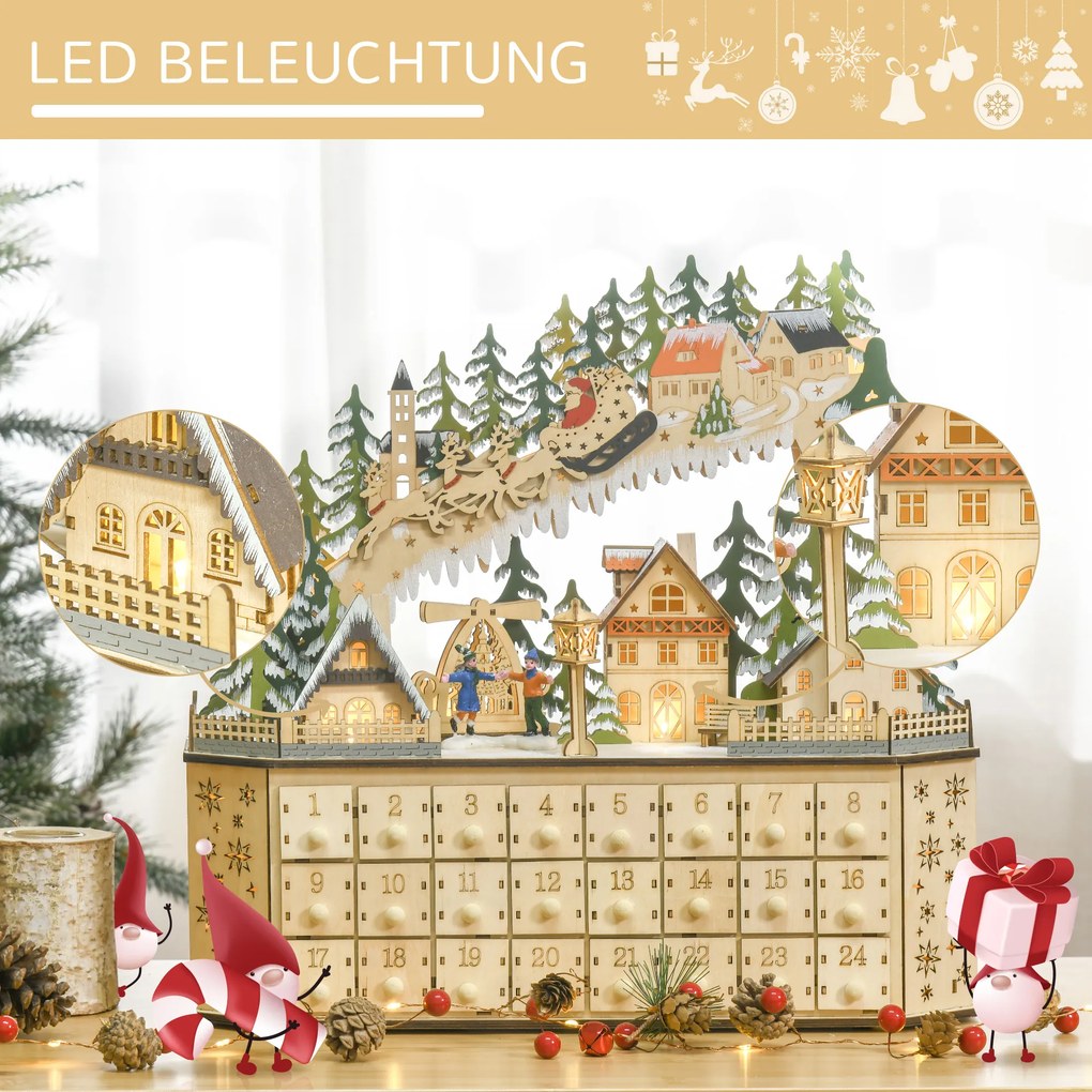 HOMCOM Adventní kalendář Vánoční dekorace, 24 zásuvek, LED světla, 39 cm x 9 cm x 42 cm, bílá + zelená 830-417