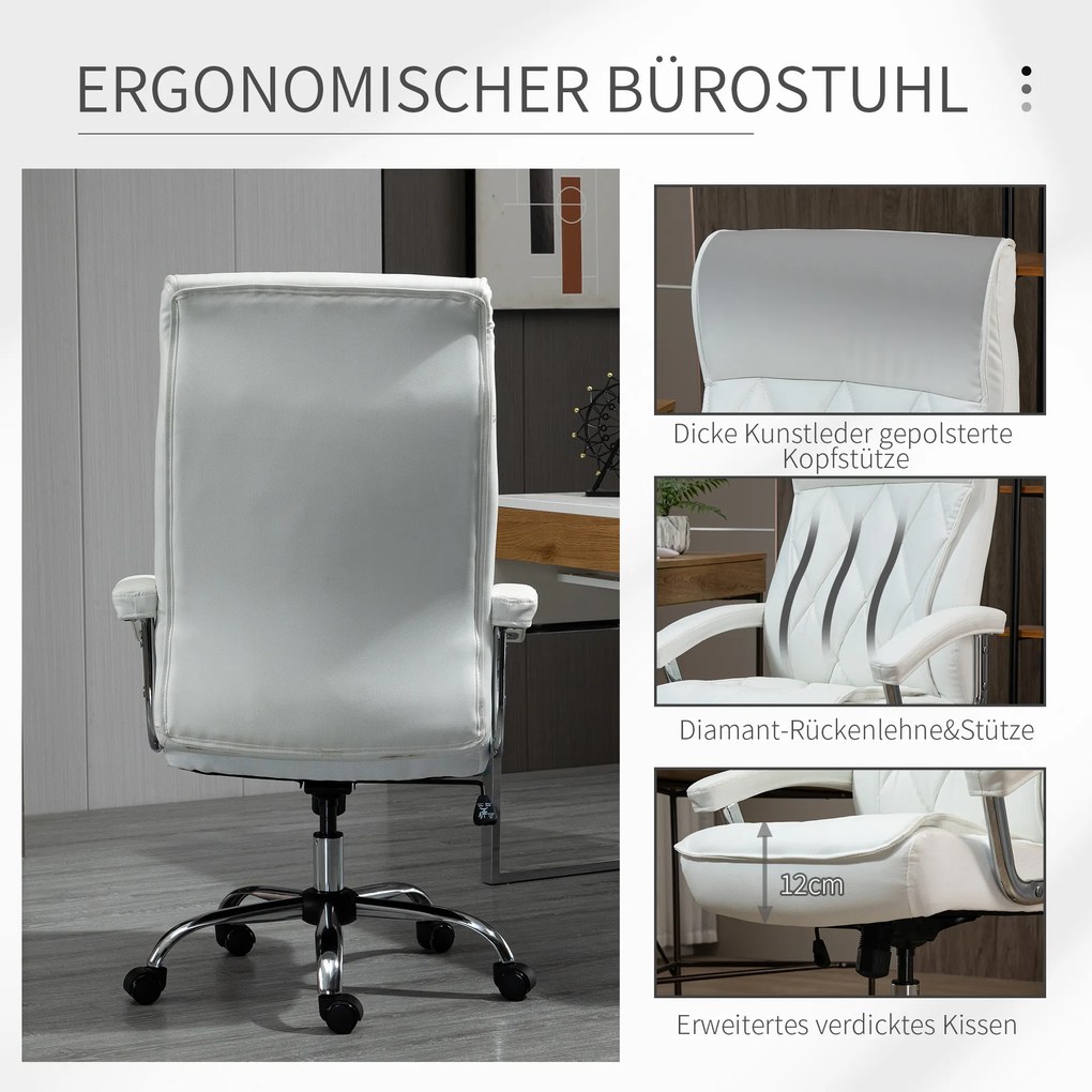 Kancelářská židle Vinsetto imitace kůže, ergonomická kancelářská židle, otočná židle s houpací funkcí, výškově nastavitelná, bílá| Aosom
