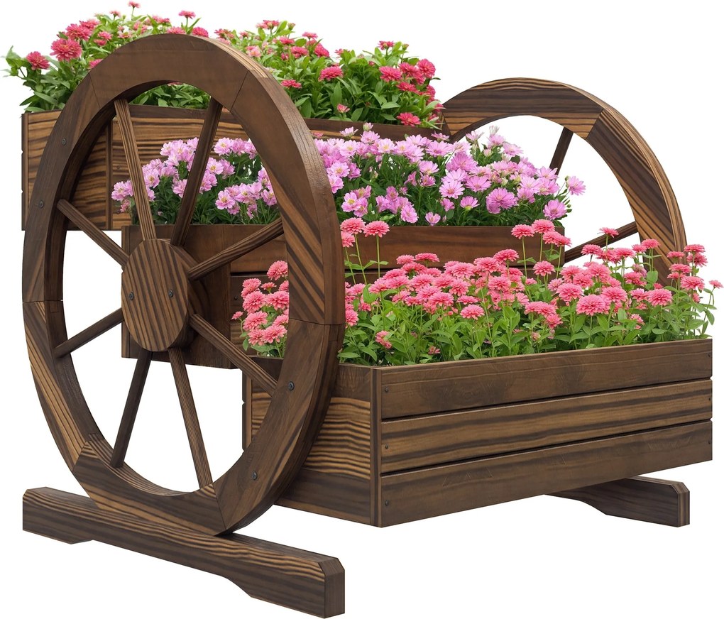 Outsunny třípatrový vyvýšený dřevěný truhlík s dekorativními koly — opálená jedle, 62 × 61 × 57 cm | Aosom