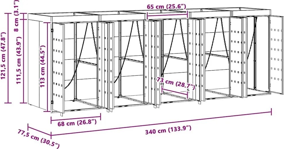 vidaXL Úložný box na 3 popelnice Antracit 340 x 77,5 x 115,5 cm Ocel [3394786]