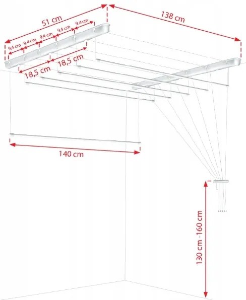 Erga Erga, stropní věšák na sušení prádla 6x140 cm, bílé, ERG-SEP-10SUSSUF6PP14