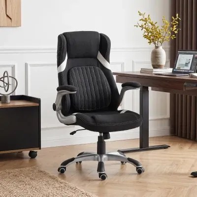 Ergonomická kancelářská židle Vinsetto s látkou ve vzhledu lnu a bederní opěrkou, výškově nastavitelná, s houpací funkcí, černá