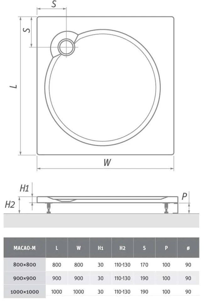 Roth MACAO-M 900 čtvercová sprchová vanička 90 x 90 x 3 cm 8000063 litý mramor