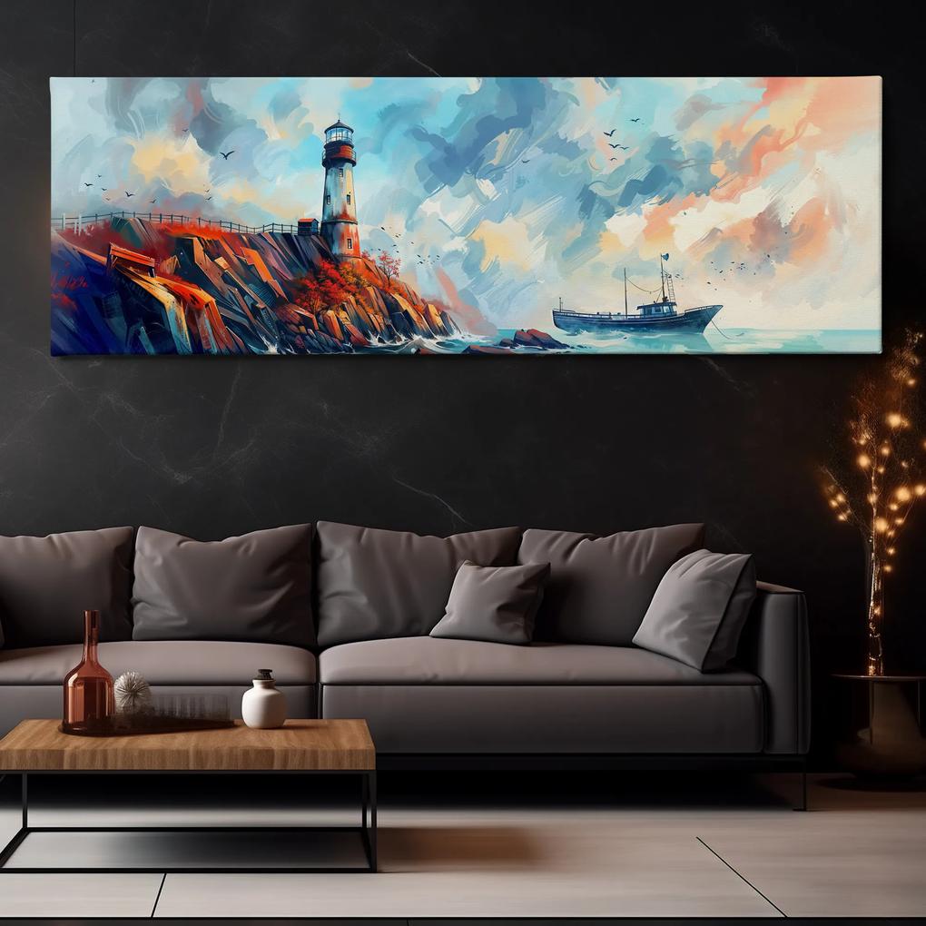 Obraz na plátně - Starý maják a rybářský člun FeelHappy.cz Velikost obrazu: 90 x 30 cm