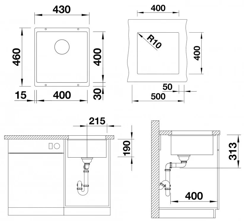 Blanco Subline 400-U, silgranitový dřez pod pracovní desku 400x400x190 mm, 1-komorový, bílá soft, BLA-527166