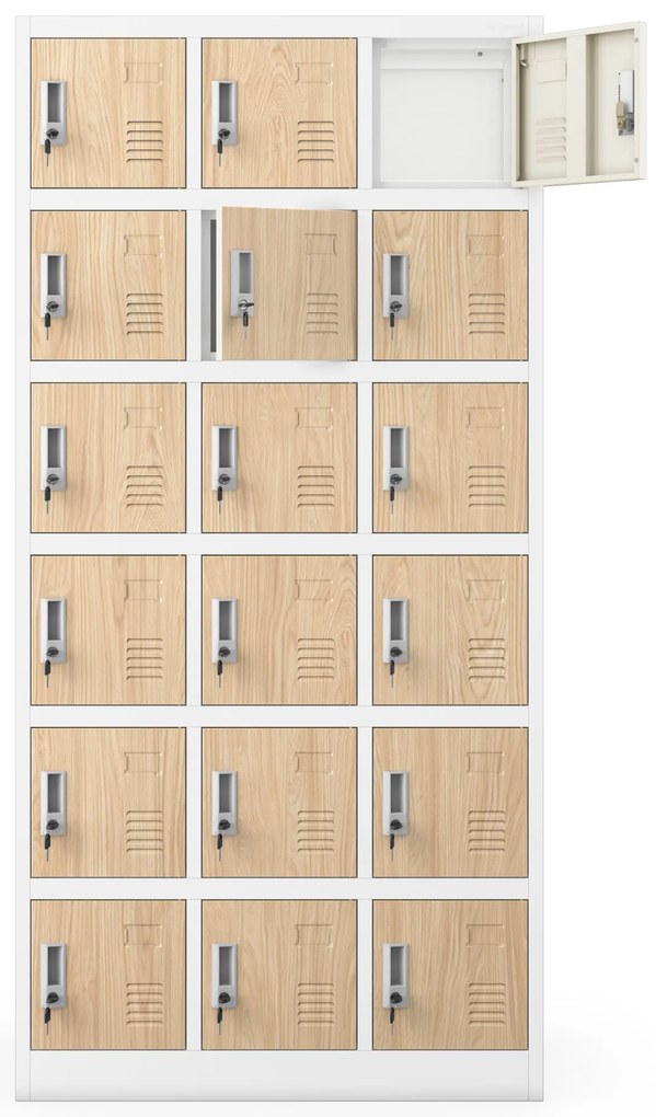 Skříňka pro zaměstnance s 18 uzamykatelnými boxy, bílá / dub sonoma, 900x1850x400 mm: KAROL Eco Design