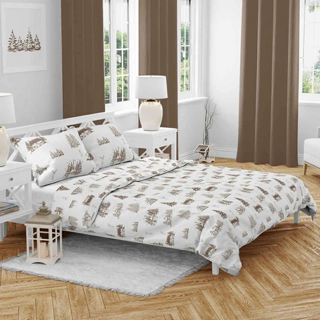Vánoční bavlněné povlečení Chaloupka hnědá TiaHome - 1x Polštář 90x70cm, 1x Přikrývka 140x200cm
