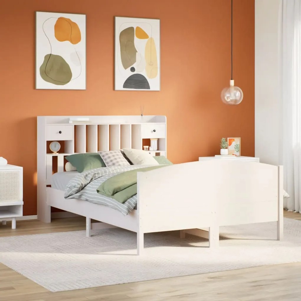 Postel s knihovnou bez matrace bílá 150x200 cm masivní borovice 3323141