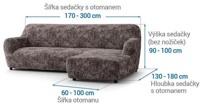 Bielastické potahy MARMO hnědé sedačka s otomanem vpravo (š. 170 -300 cm)