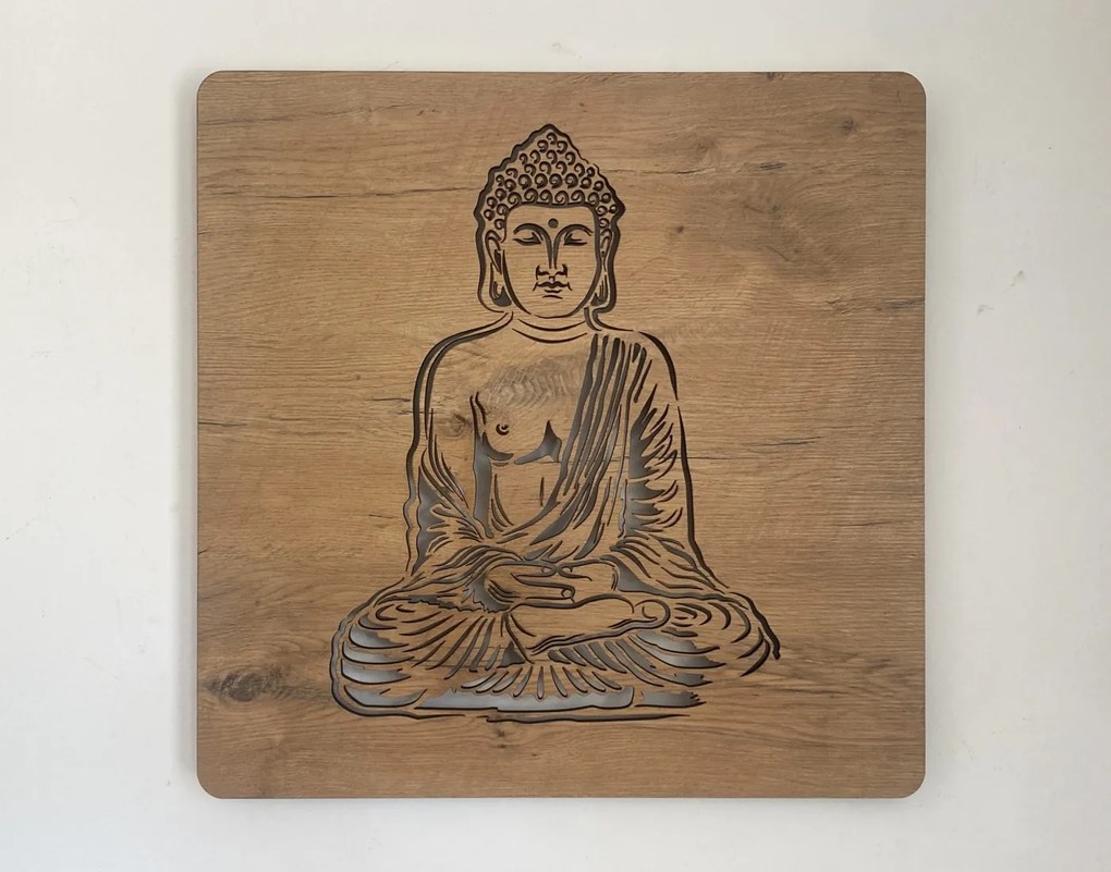 Li-Go "Buddha" světelný obraz s baterií 62x62cm varianta: ovládání na obraze včetně dálkového ovladače, provedení: dub