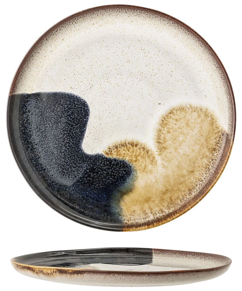 Bloomingville Kameninový talíř Jules Blue/Cream/Sand 28 cm, modrá barva, hnědá barva, keramika
