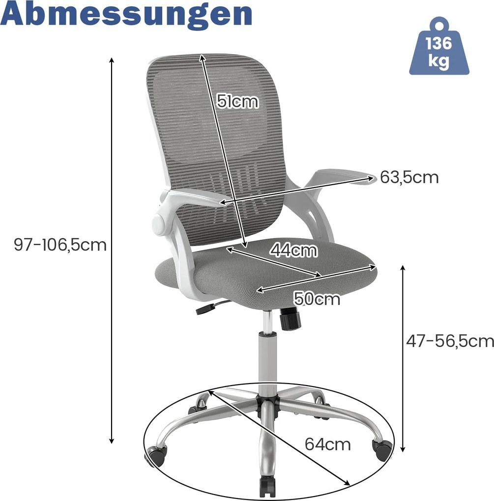 Costway Ergonomická kancelářská židle se sklopnými područkami a počítačovou