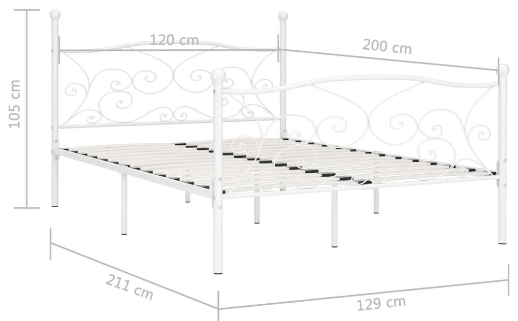 vidaXL Rám postele s laťkovým roštem bílý kov 120 x 200 cm