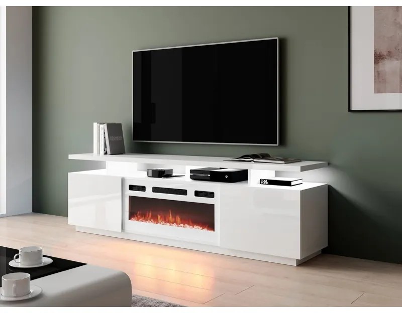 TV skříňka Aniceto s krbem, Osvětlení: osvětlení LED, Barva: černý / černý lesk, Krb: bílý