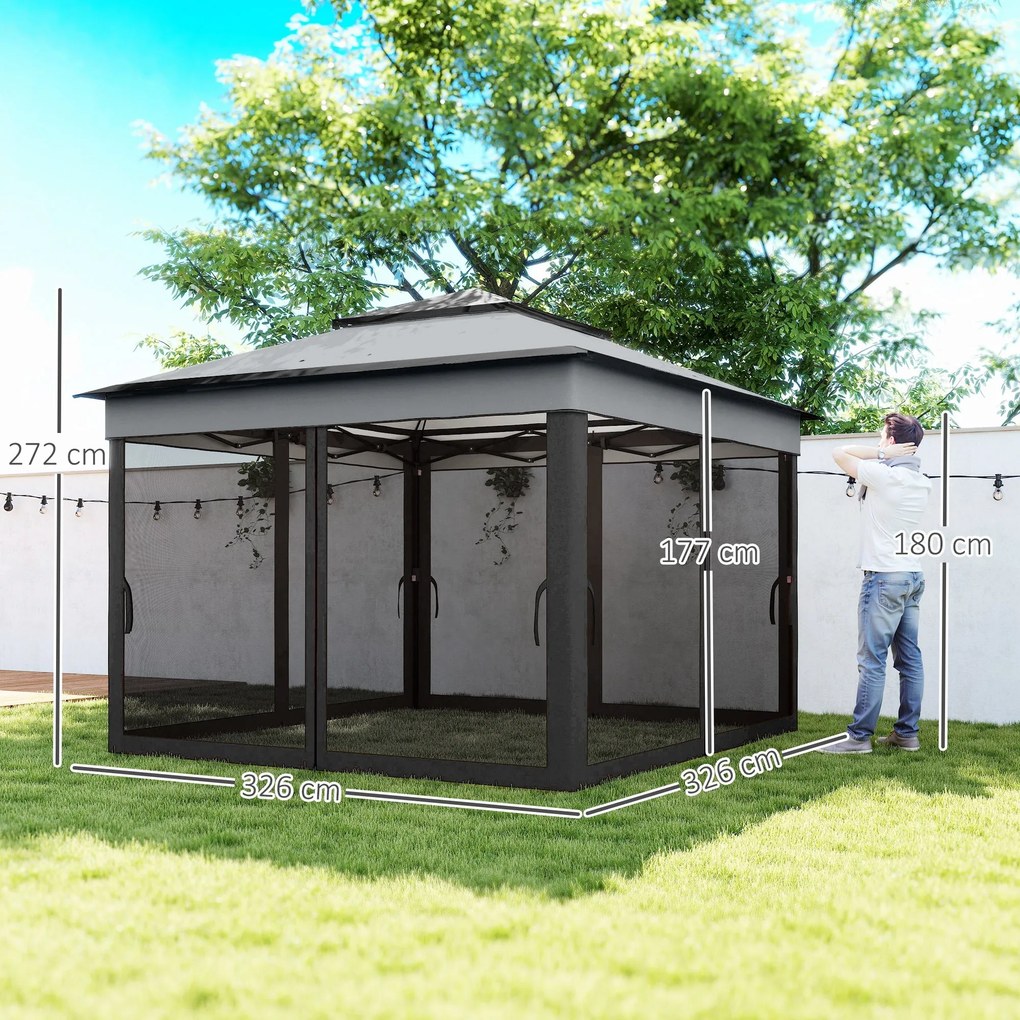 Outsunny Skládací Altán 3x3x2,7 m Zahradní Slunečník s Dvojitou Střechou, Nastavitelná Výška, 4 Moskytiéry, UV30+ Ochrana, Vodotěsný a S Taškou pro V…