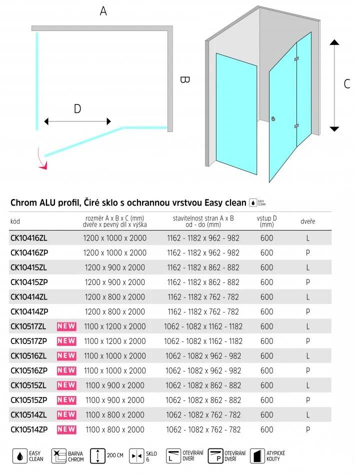 Mereo Novea sprchový kout, obdélník, pravé dveře a pevný díl, chrom ALU, sklo Čiré 1200 x 800 mm