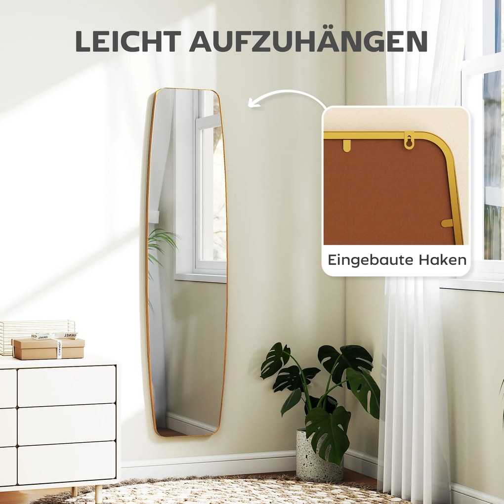 HOMCOM nástěnné celozrcadlo 160 × 40 cm s kovovým rámem — dekorativní celozrcadlo do předsíně, ložnice a obývacího pokoje, zlaté