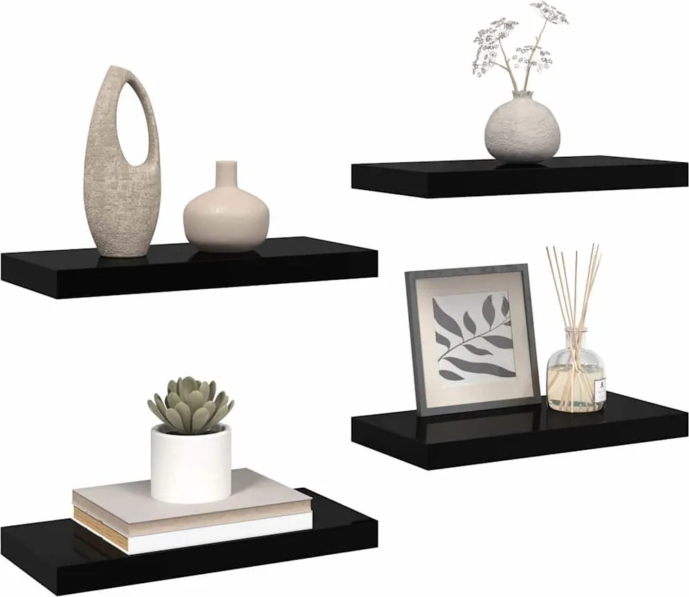 Plovoucí nástěnné police 4 ks lesklé černé 50 x 23,5 x 3,8 cm MDF 323768