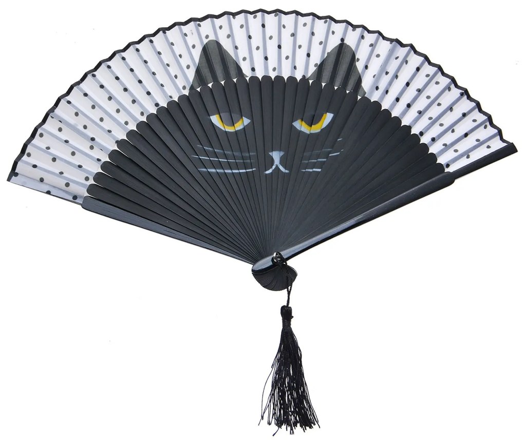 Dekorativní černý skládací vějíř s motivem kočky a střapcem - 37*3*21 cm