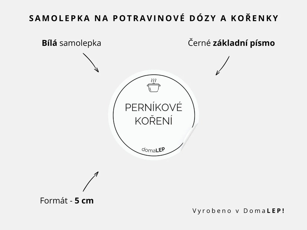 PERNÍKOVÉ KOŘENÍ - omyvatelná samolepka na kořenky, výběr rozměrů Ø 5 cm / 5 x 5 cm / 6 x 8 cm | DomaLEP tvar: ČTVEREC, barva: BÍLÁ - ČERNÉ písmo, velikost: š. 5 cm x v. 5 cm - tučné písmo