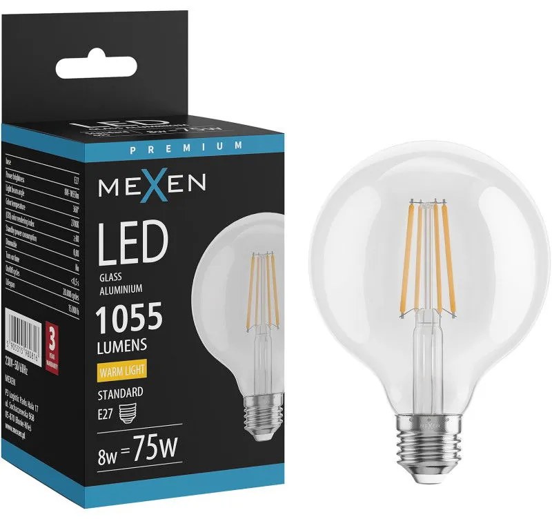 Mexen Vintis Žárovka filament LED E27, G95, 8W, Teplá - 2700K, 1055 lm, čirá - L157-E27-0827-00