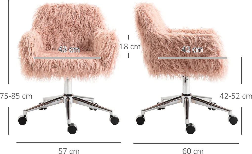 Kancelářská židle Vinsetto pro ženy, výškově nastavitelná kancelářská židle, ergonomická, umělá kožešina, růžová+stříbrná | Aosom