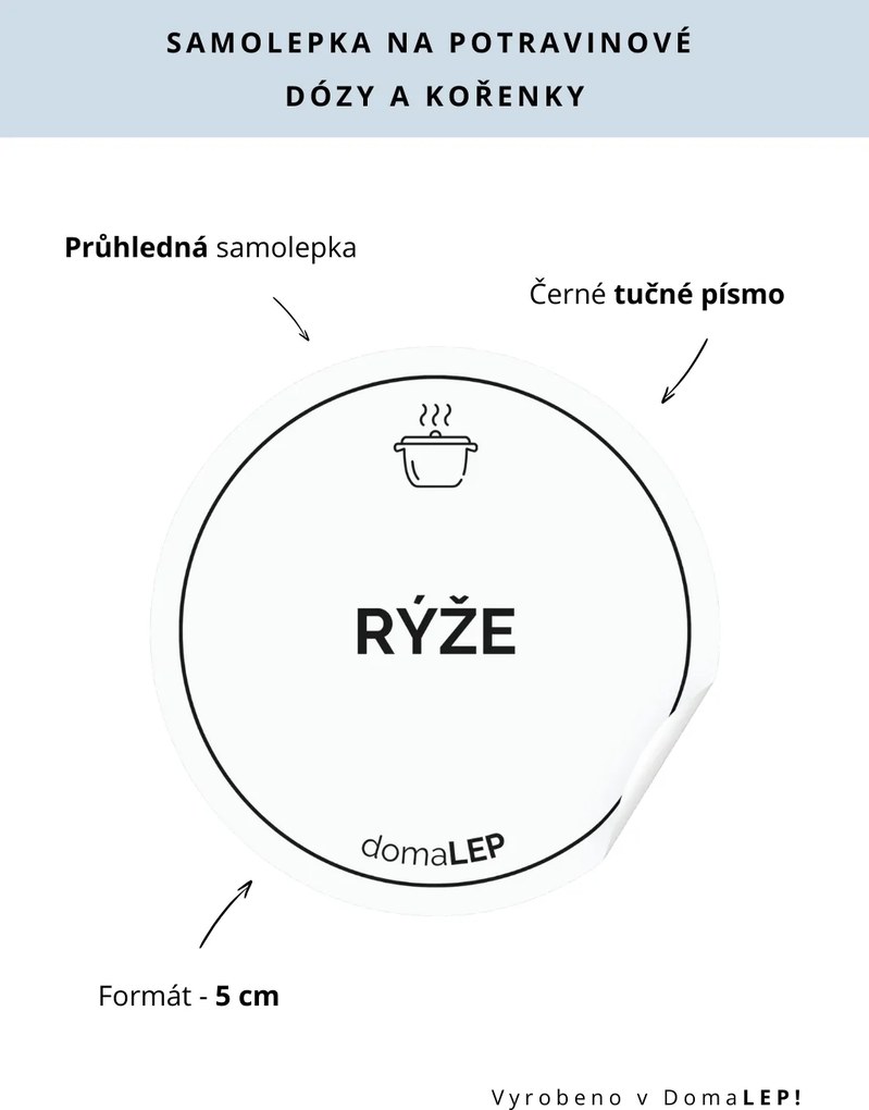 RÝŽE – průhledná samolepka na dózu, tučnépísmo, 5 cm | DomaLEP