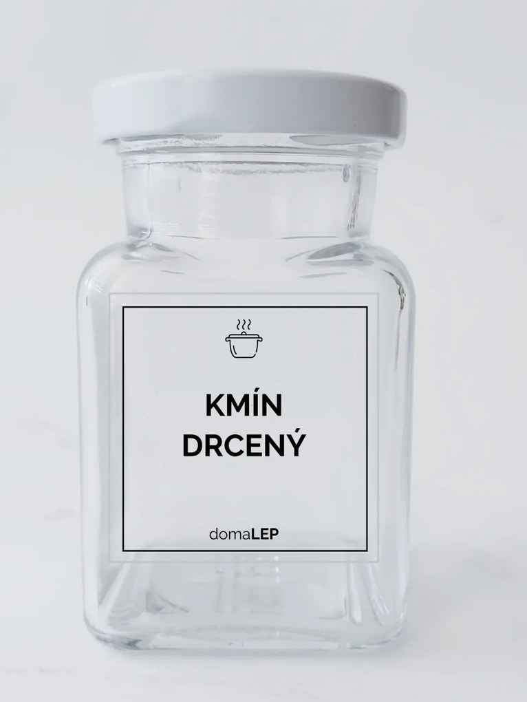 Samolepka na kořenky KMÍN DRCENÝ průhledná 5 × 5 cm tučné písmo