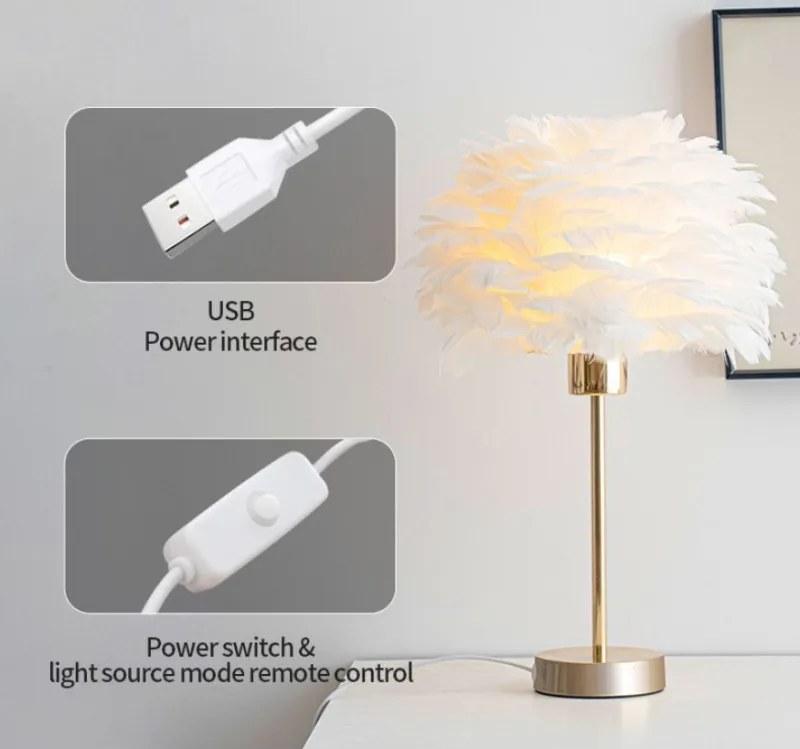 Flamenco Mystique Elegantní stolní lampa s bílým stínidlem z peří, 3barevný stmívač, USB port, OZD12