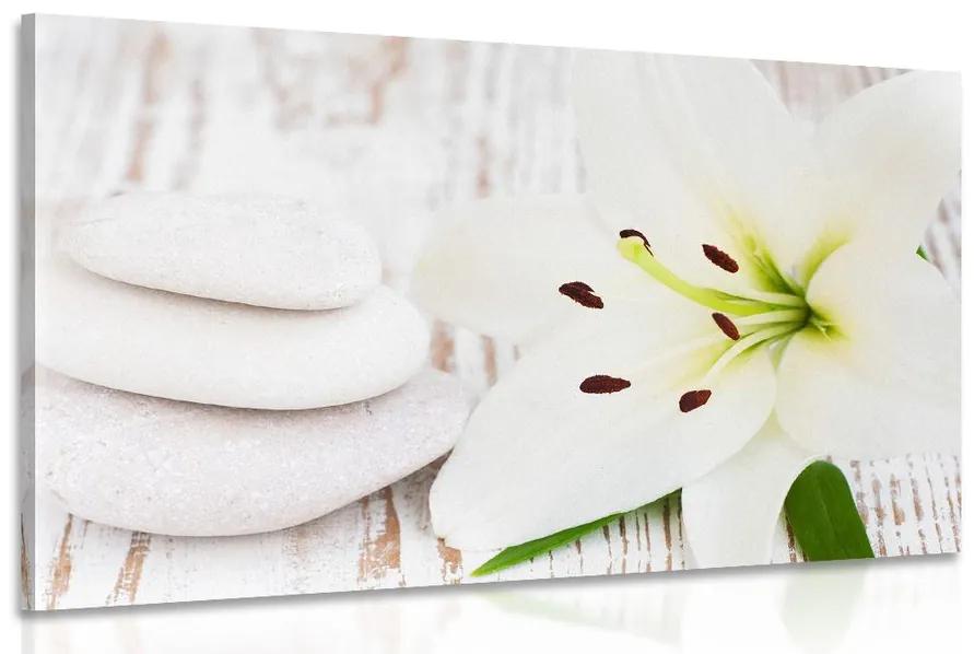 Obraz lilie a masážní kameny v bílém provedení