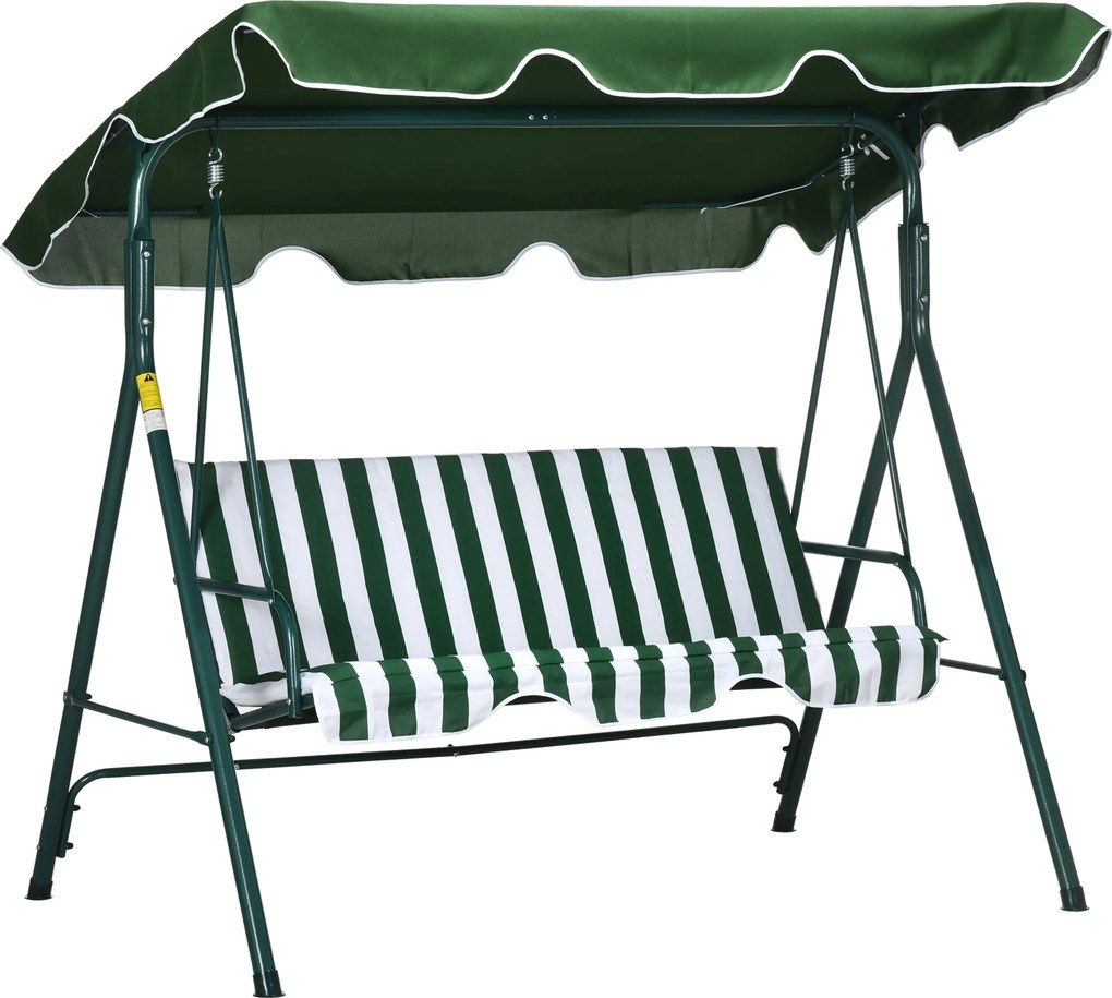 Outsunny Zahradní houpačka pro 3 osoby s nastavovací markýzou a ocelovou konstrukcí pro balkon, terasu, patio Nosnost 240 kg 172x110x153 cm Zelený pru