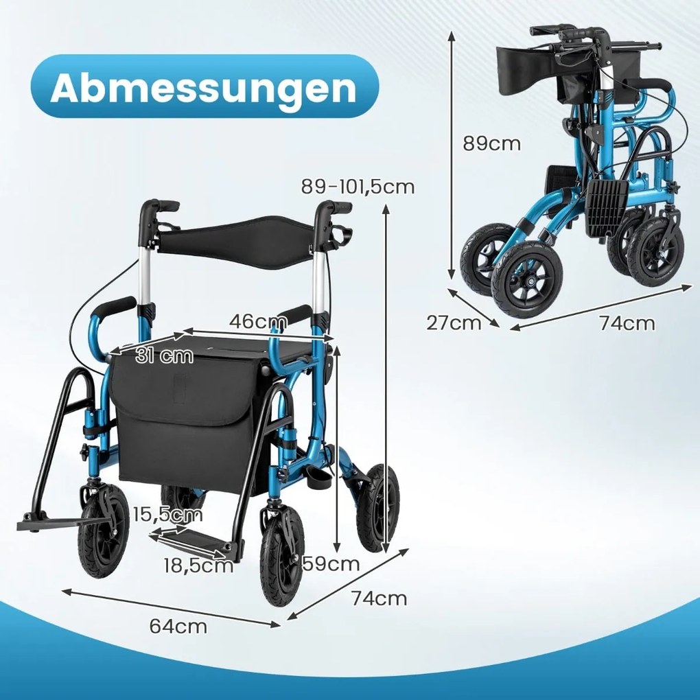 Costway Rollator s pneumatikami, skládací a lehký se sedadlem 2 v 1 invalidním