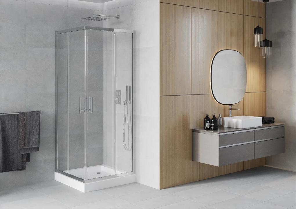 Mexen Rio, čtvercový sprchový kout s posuvnými dveřmi 80 x 80 cm, 5mm čiré sklo, chromový profil + bílá vysoká sprchová vanička Rio, 860-080-080-01-00-4510