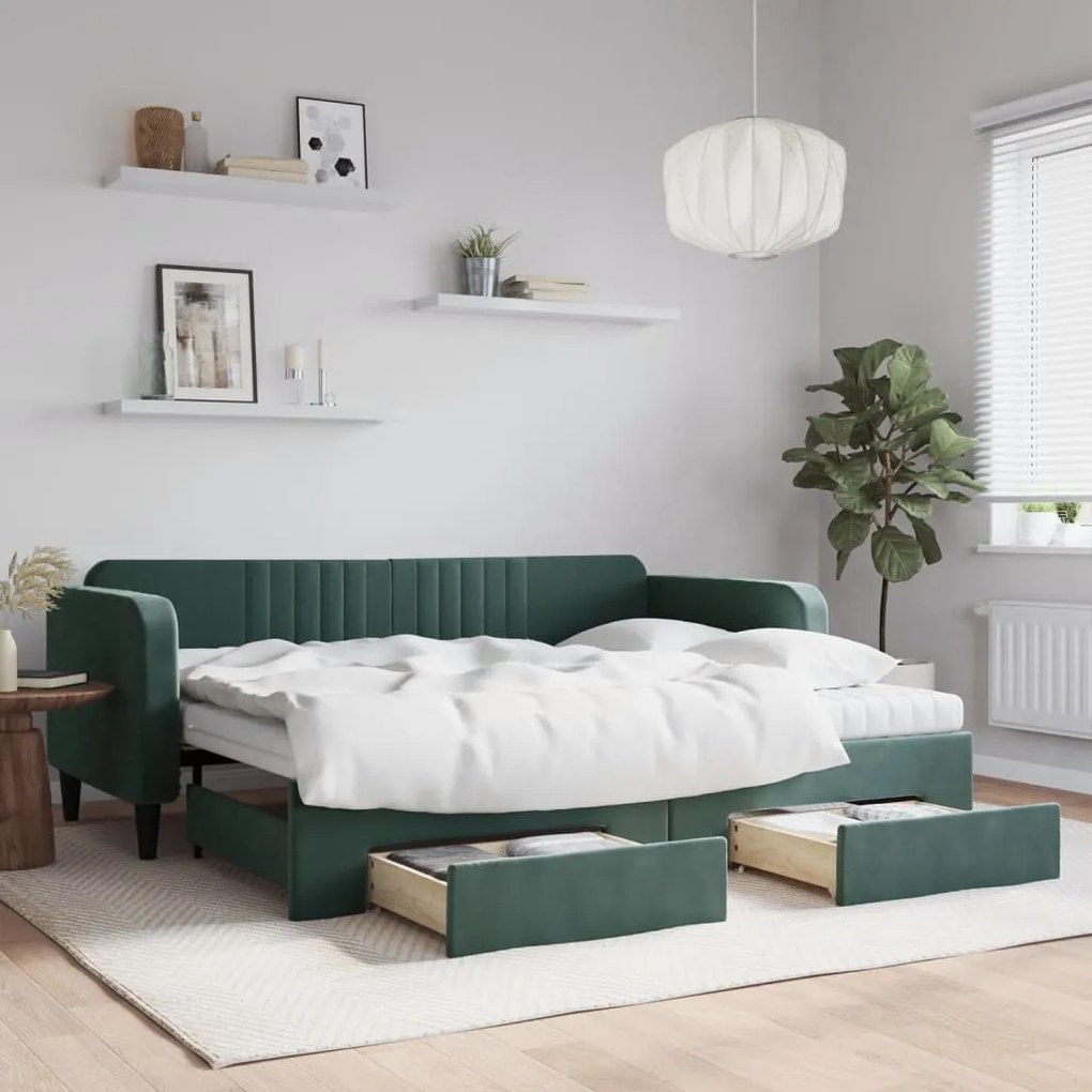 Válenda s přistýlkou a zásuvkami tmavě zelená 90 x 200 cm samet 3197137