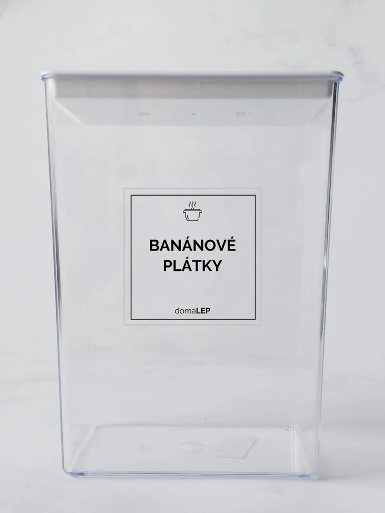 BANÁNOVÉ PLÁTKY – průhledná samolepka na dózu, tučné písmo, 5 x 5 cm | DomaLEP