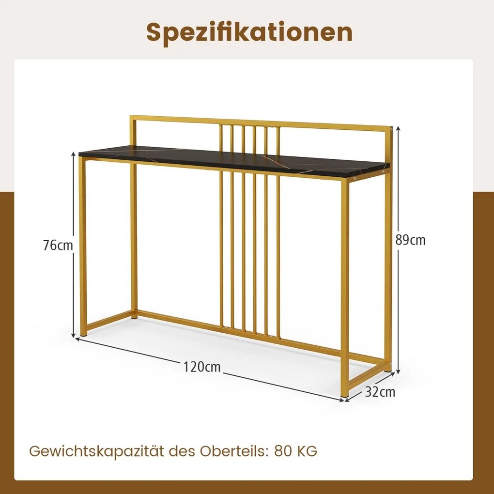 Costway Moderní stolek do chodby 120 cm s mramorovým vzhledem a zlatým kovovým