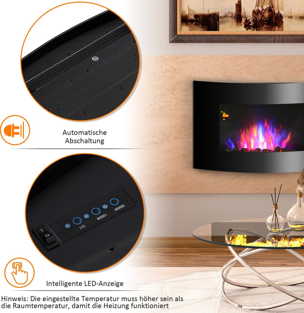 HOMCOM Elektrický krb Kamna elektrická s 2 úrovněmi výkonu 900/1800 W LED 65 x 11,4 x 52 cm nerezová černá pro příjemné teplo |