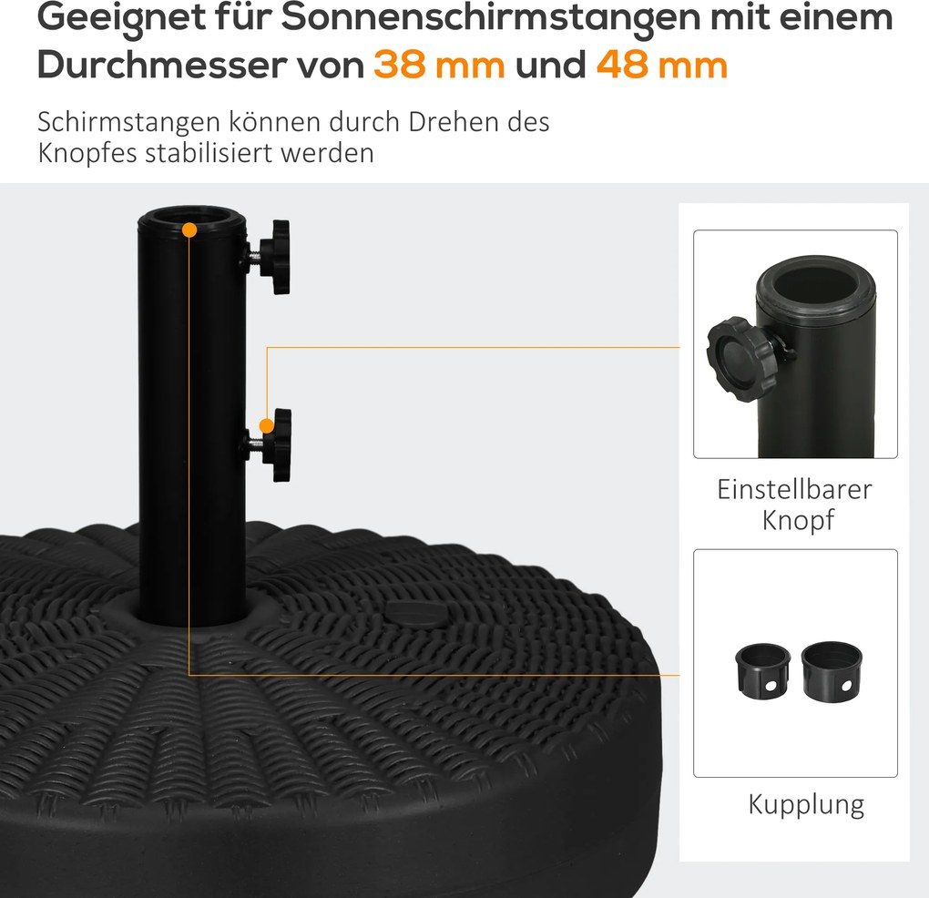 Stojan na slunečník Outsunny 29kg podstavec pro slunečník s tyčí Ø38/48mm, vzhled ratanu, ideální pro zahradu a balkon, HDPE černá Ø51x36cm |