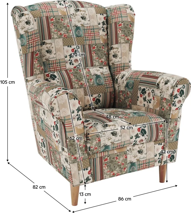 relaxační křeslo, ušák, dřevo/látka, nohy světlé/potah patchwork viorica 1, Tempo Kondela CHARLOT